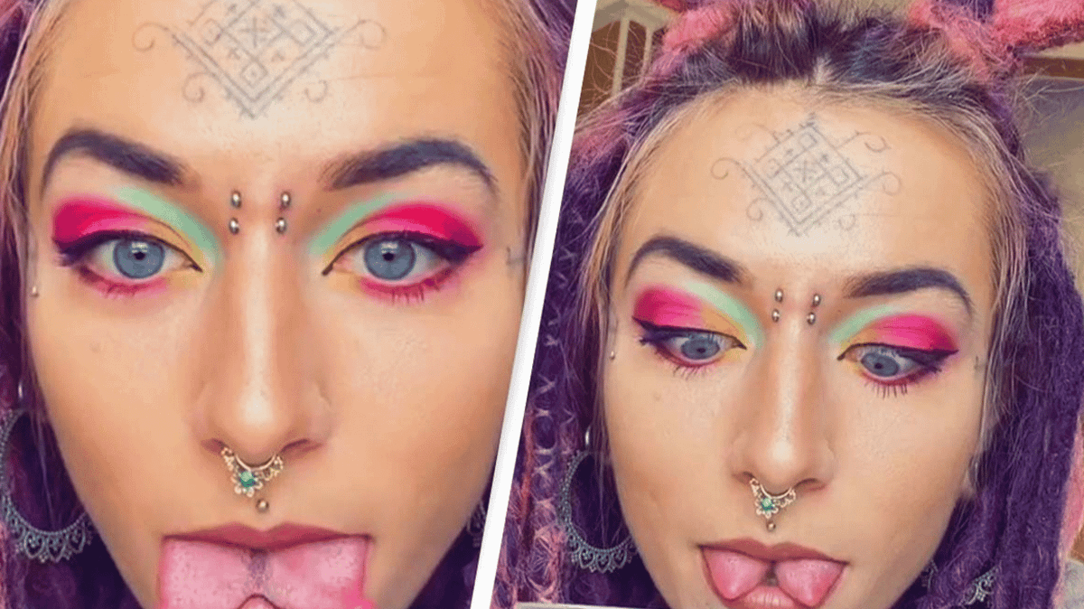 Body Modification Addict With Split Tongue Tries To Taste Two Things At ...