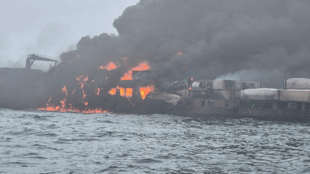 Devastating impact oil tanker bursting into flames after colliding with ...