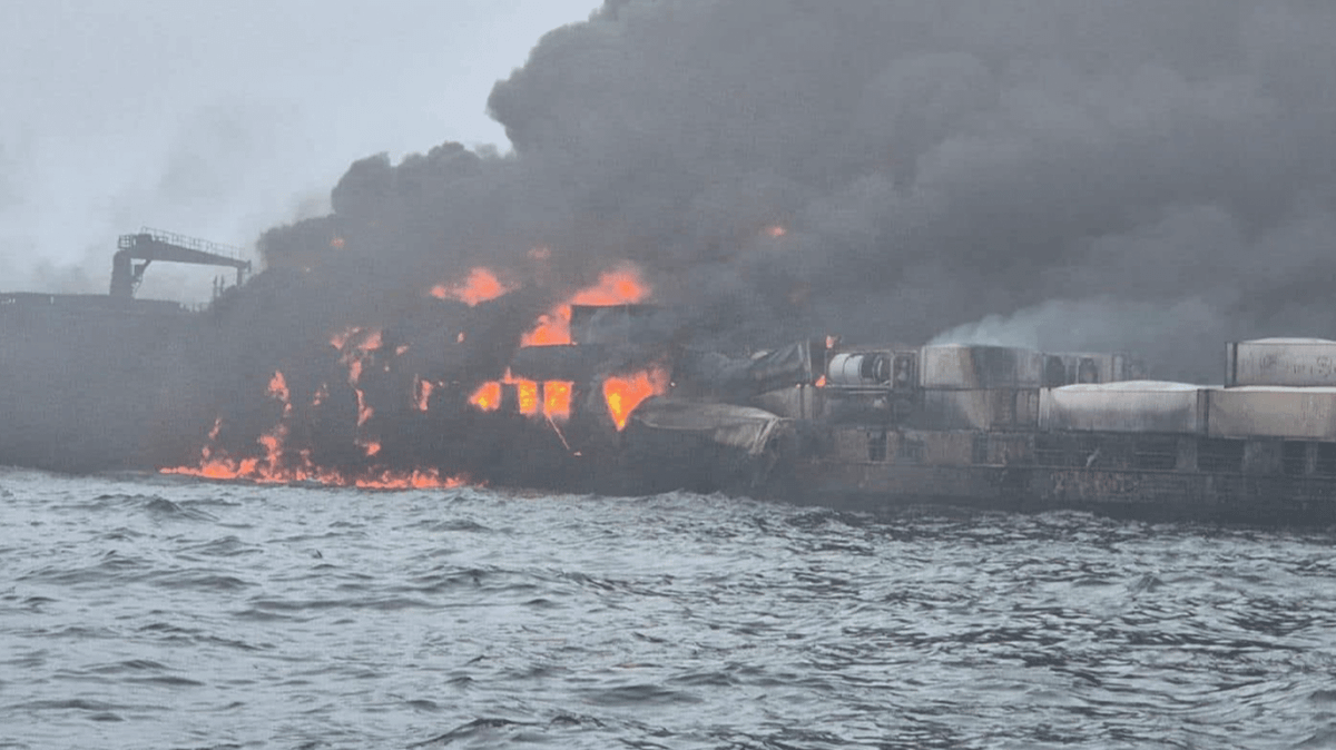 Oil tanker bursts into flames after colliding with cargo ship leaving ...