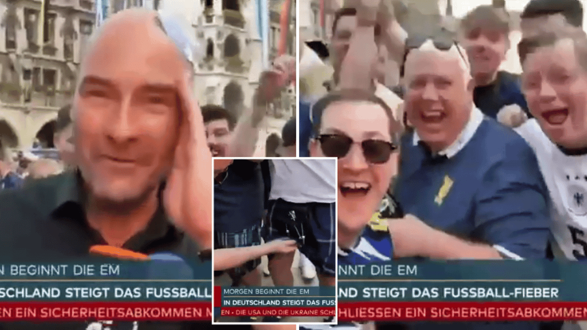 German presenter forced to cover his eyes as Scotland fans lift kilt ...