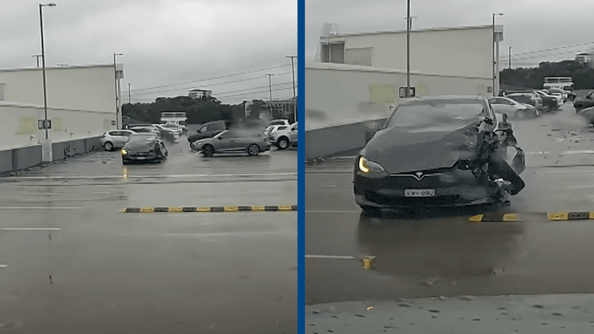 Runaway Tesla crashes into three cars and drives off shopping center ...