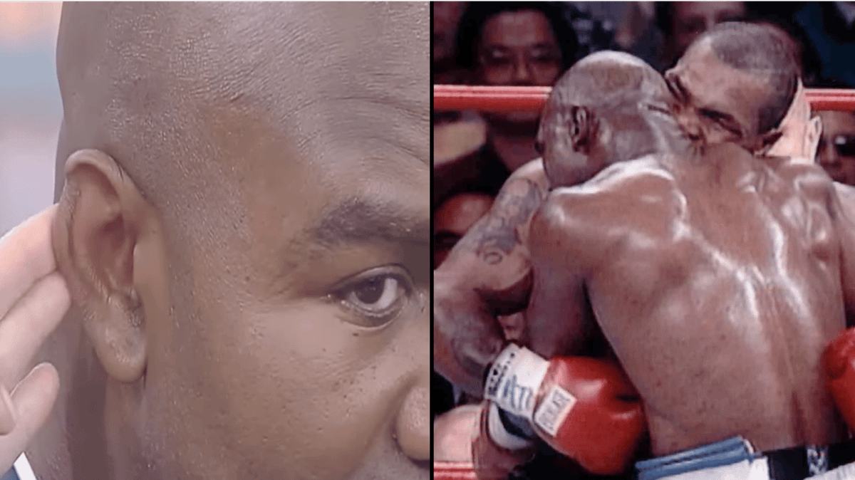 Evander Holyfield let camera go close up to his ear to show what was ...