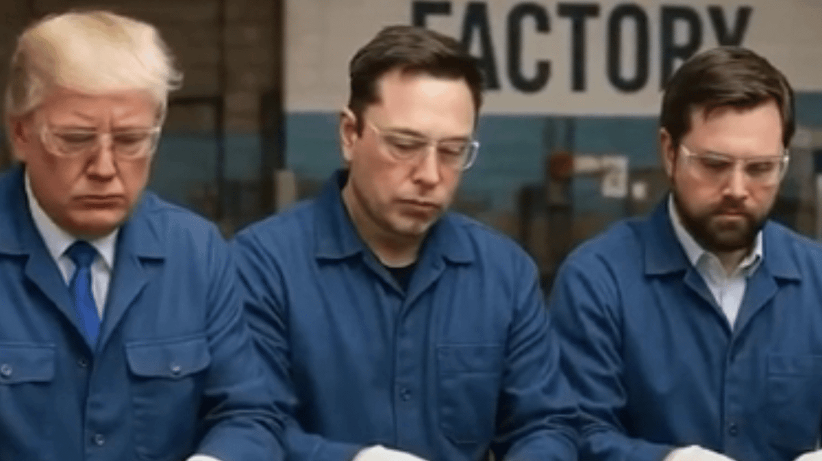 AI-generated meme mocking Donald Trump and Elon Musk working in factory ...