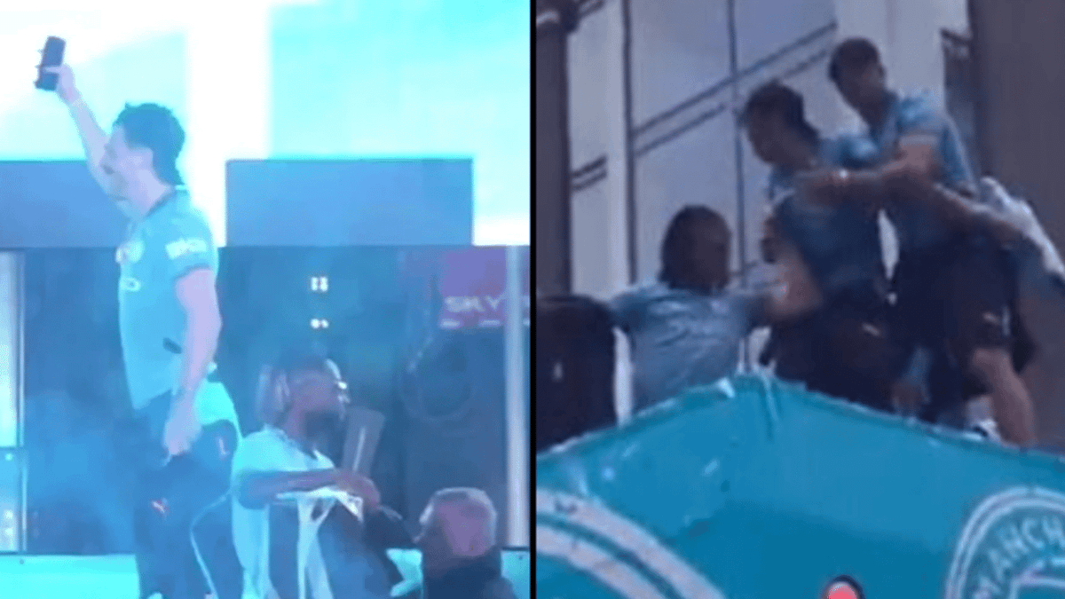 Worrying moment Jack Grealish nearly falls off Manchester City parade ...