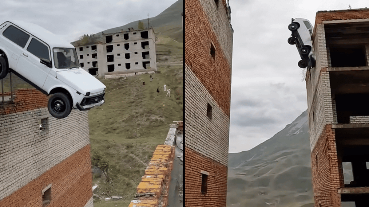 Stuntman cheats death when car jump from building rooftop goes horribly ...